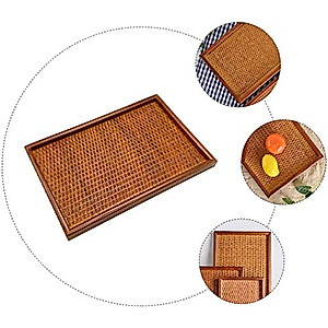 Cabilock Rustic Wooden Serving Trays Rattan Handwoven Rectangular Utensils Food Tea SPA Salon Tray Sundries Storage Organizer Farmhouse Decoration for Home Restaurant Brown 30x20cm