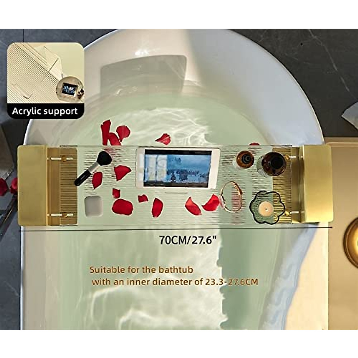 Acrylic Bathtub Tray Caddy Non-Slip Bath Tub Tray Table with Gold Brushed Handles,Reading Rack,Tablet Holder,Cellphone Tray and Wine Glass Holder (Size : Ripple+retractable-27.6")