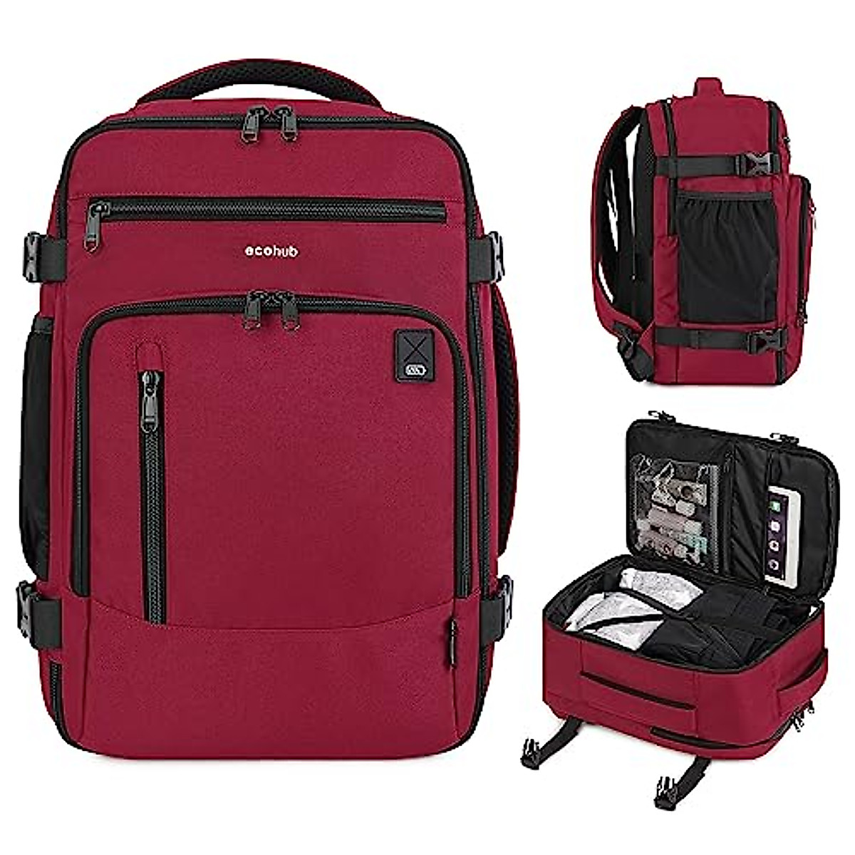ECOHUB 16'' Travel Backpack For Women Men Airline Approved Personal Item Travel Bag Travel Essentials Laptop Backpack Casual Daypack Small Hiking Backpack Lightweight Waterproof Backpack, Red