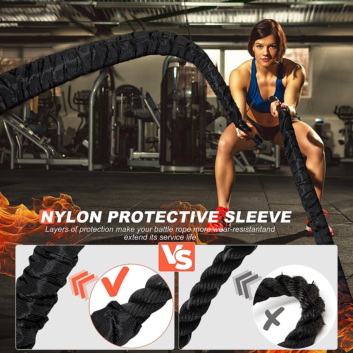 Battle Ropes for Home Gym Exercise: 1.5 Inch Diameter 40FT Length Workout Rope Exercise Rope Training Ropes with Protective Sleeve, Heavy Battle Rope For Workout Exercise Fitness & Strength Training