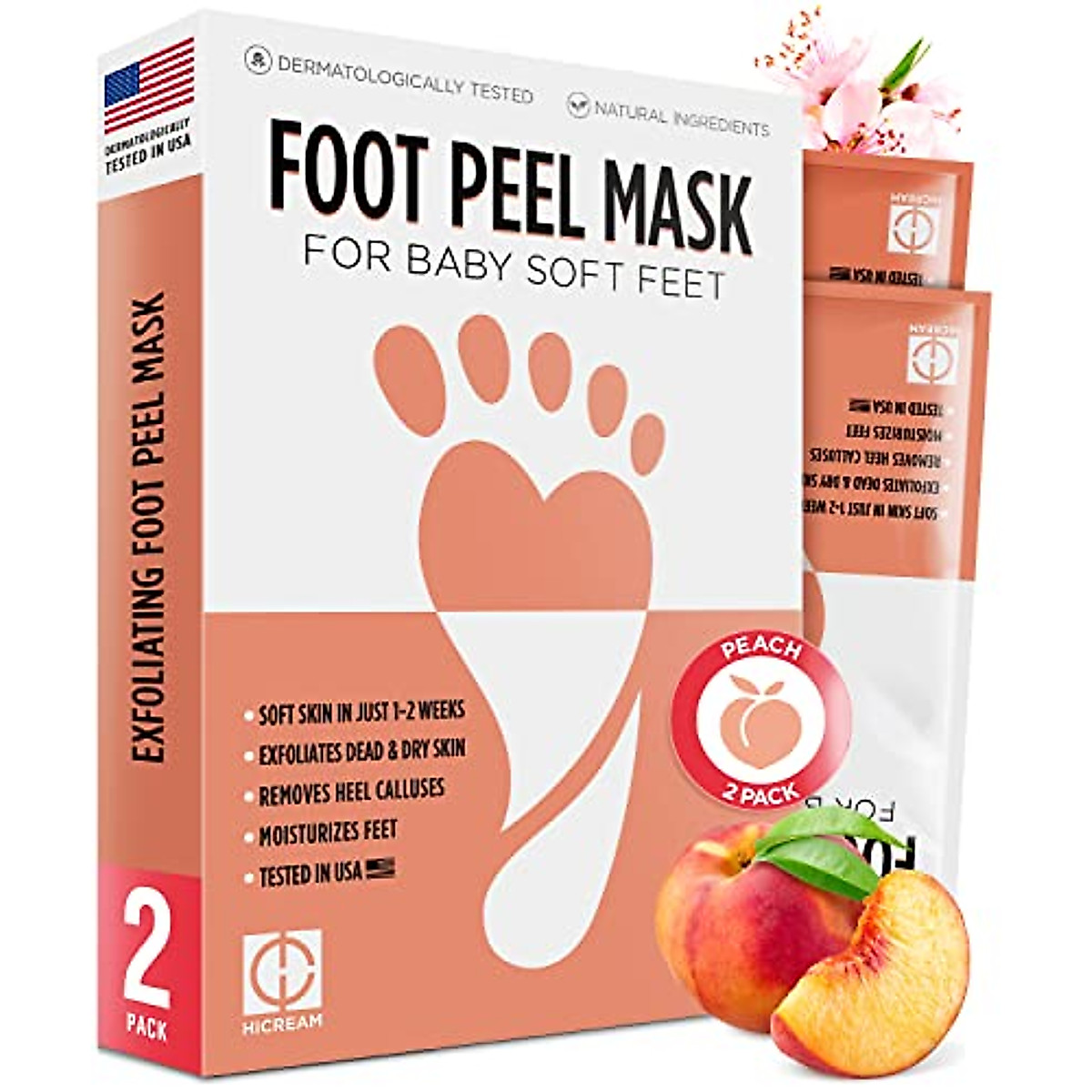 Hicream Foot Peel Mask- 2 Pairs of Regular Skin Exfoliating Foot mask For Cracked Heels, Dead Skin & Calluses , Removes & Repairs Rough Heels, Dry Toe Skin , Peach Scent
