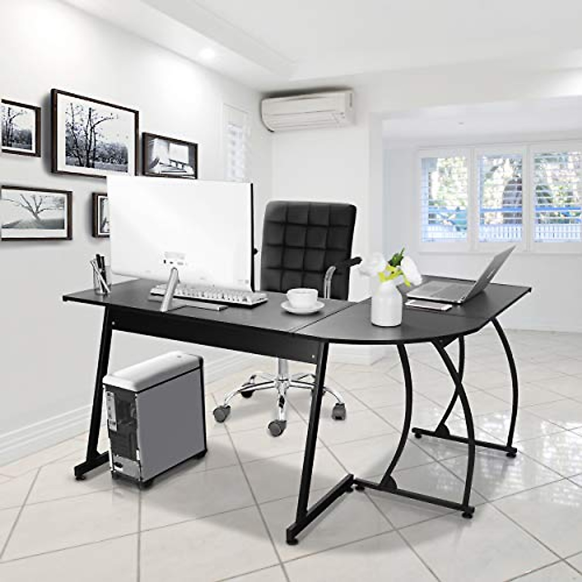 SUPER DEAL L-Shaped Corner Desk Computer Gaming Desk - Modern Home PC Table Office Writing Workstation, Black