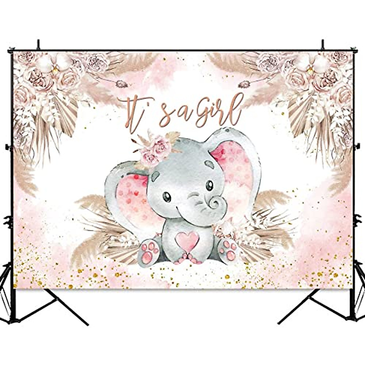 Sensfun Boho Elephant Baby Shower Backdrop for Girl Blush Pink Pampas Grass It's a Girl Elephant Little Peanut Baby Shower Decorations Photography Background Cake Table Photoshoot Props 7x5ft