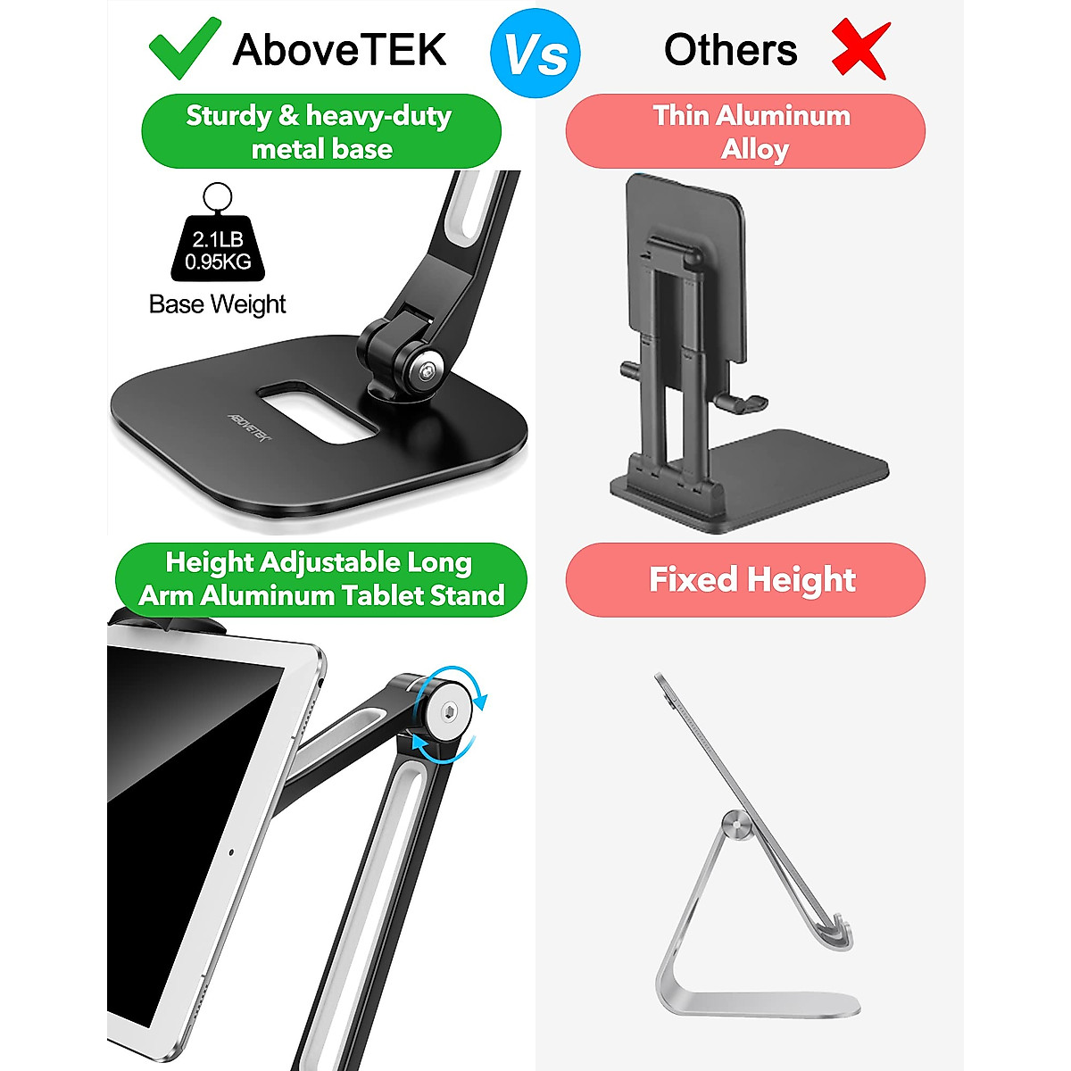 AboveTEK Tablet Stand, Multi-Angle Adjustable iPad Stand Holder, 360° Swivel iPad Stand Aluminum Desk Mount Fits 4”-11"(Diagonal) iPad/Mini/Air/Pro for Business Kiosk Office – Black
