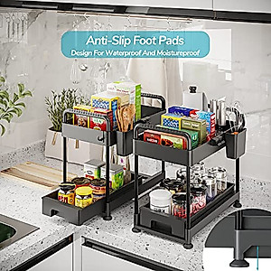 DAILOU Under Sink Organizers and Storage 2 Pack, Bathroom Cabinet Organizer with Sliding Drawers, 2 Tier Kitchen Under Cabinet Storage with Handles, Hooks, Hanging Cup(Black)