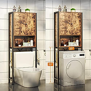 TC-HOMENY Over The Toilet Storage Rack with Cabinet, Multi-Tier Bathroom Space Saver with Adjustable Shelf, Bathroom Organizer Shelf Over The Toilet Storage Cabinet, Rustic Brown