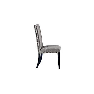 Cui Liu Owen Upholstered Dining Chair – Armless Dining Chair in Grey Linen with Black Wooden Leg and Shiny Silver Nailhead (Set of 2)