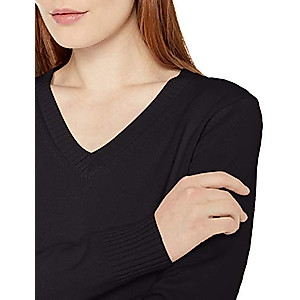 Amazon Essentials Women's 100% Cotton Long-Sleeve V-Neck Sweater, Black, Large