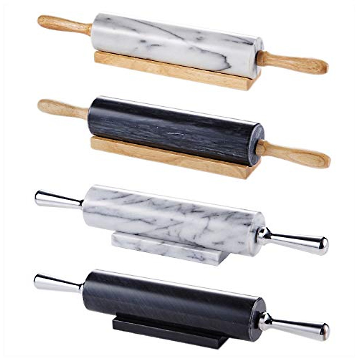 JEmarble Rolling Pin-Wooden Handles(White)(Premium Quality)Polished Surface 18-inch(10"Barrel) Genuine Stone Non-stick Save Effort Easy to Clean