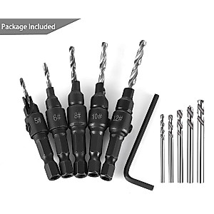 Saipe 5pcs Wood Countersink Drill Bit Set Hex Shank Quick Change Counter Sinker Pre Hole Drill Bit Set Screw Counterbore Bit Pilot Bit Set #5, 6, 8, 10, 12 for Woodworking and Carpentry