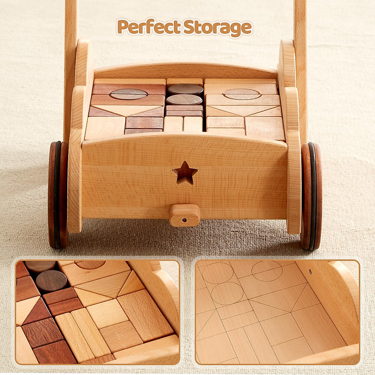 Beright Wooden Baby Walker Push Toy, Learning Educational Walking Toys for Babys Toddles, Adjustable Speed & Height, Natural Beech, not with Building Blocks