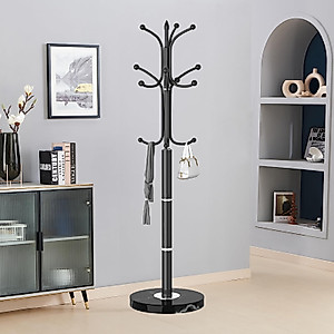 Snaikor Metal Coat Rack Freestanding, Sturdy Coat Rack Stand with Natural Marble Base, Coat Racks Tree Hats Hanger Holder Stand for Entryway, Hallway(12 Hooks)