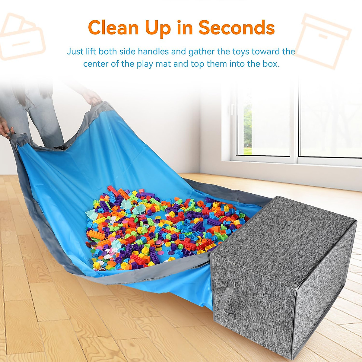 Voova Toy Storage Organizer and Play Mat- 2-in-1 Toy Storage Chest Bin for Kids, Stackable and Foldable Cube Toy Basket Box for Boys & Girls, Large Building Blocks Storage Holder for Playroom,Grey