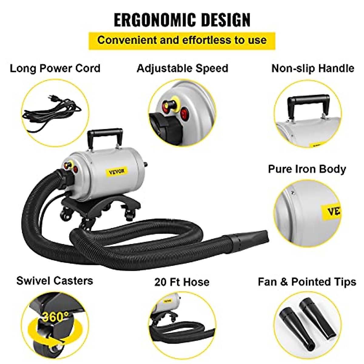 VEVOR Car Air Dryer Blower, 5.0HP Powered Temp High Velocity Car Dryer Air Blower 180 CFM 110V 5-20P (20A) plug, w/Casters & 20 Ft Flexible Hose & 2 Air Jet Nozzles for Car Wash Water Drying Machine