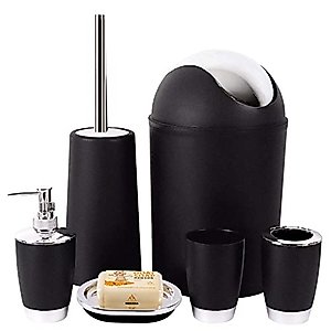 YCOCO Bathroom Accessories Set,6 Pcs Plastic Gift Set Toothbrush Holder,Mouthwash Cup,Soap Dispenser,Soap Dish,Toilet Brush,Trash Can,Black