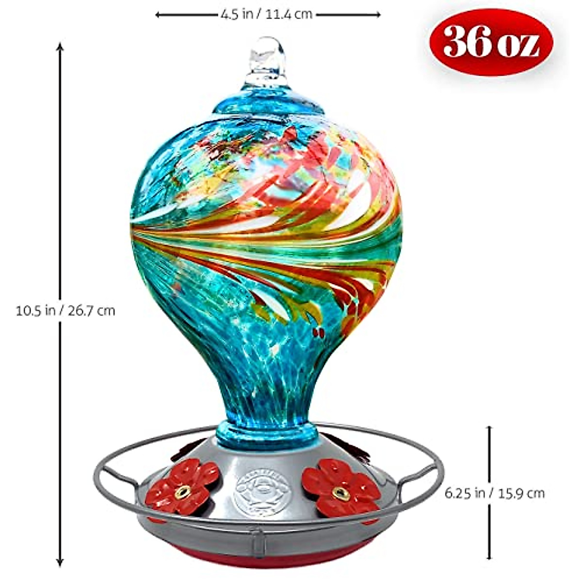 Hummingbird Feeder by Grateful Gnome - Large Hand Blown Stained Glass Feeder for Garden, Patio, Outdoors, Window with Accessories S-Hook, Ant Moat, Brush - 36fl oz, Large Blue Egg Design