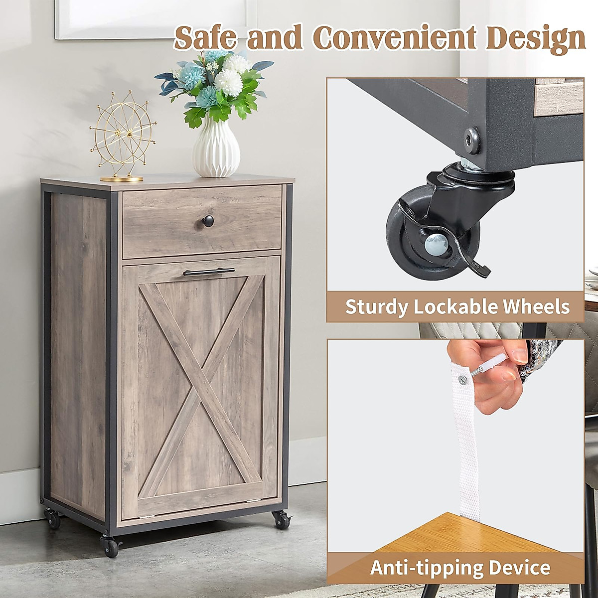 Karl home Tilt Out Trash Can Cabinet for Kitchen, Tilt Out Laundry Hamper Cabinet with Drawers and Lockable Wheels, Bathroom Laundry Cabinet with 10 Gallon Dirty Clothes Basket, Grey