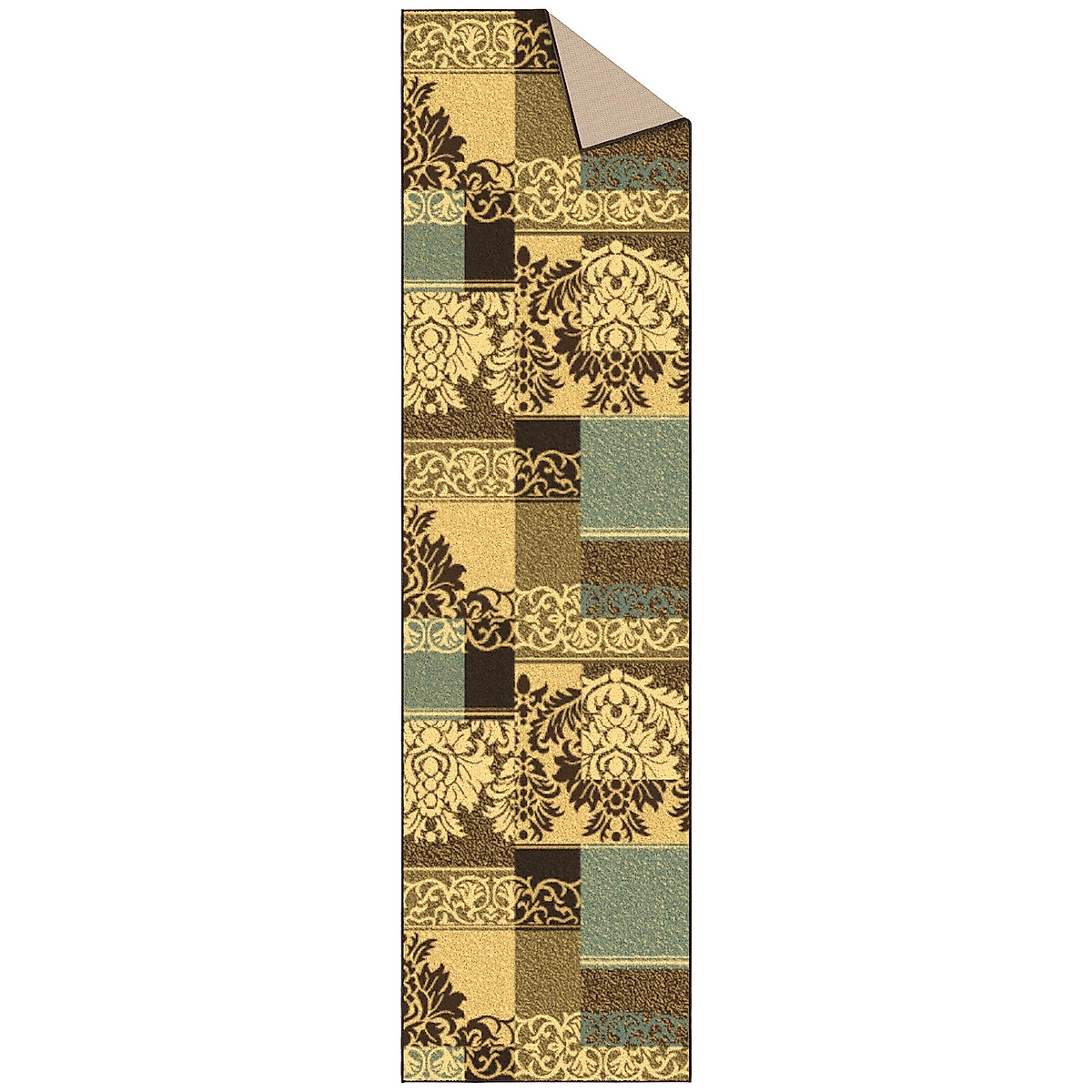 Machine Washable Damask Design Non-Slip Rubberback 3x10 Traditional Runner Rug for Hallway, Kitchen, Bedroom, Living Room, 2'7" x 9'10", Brown/Green