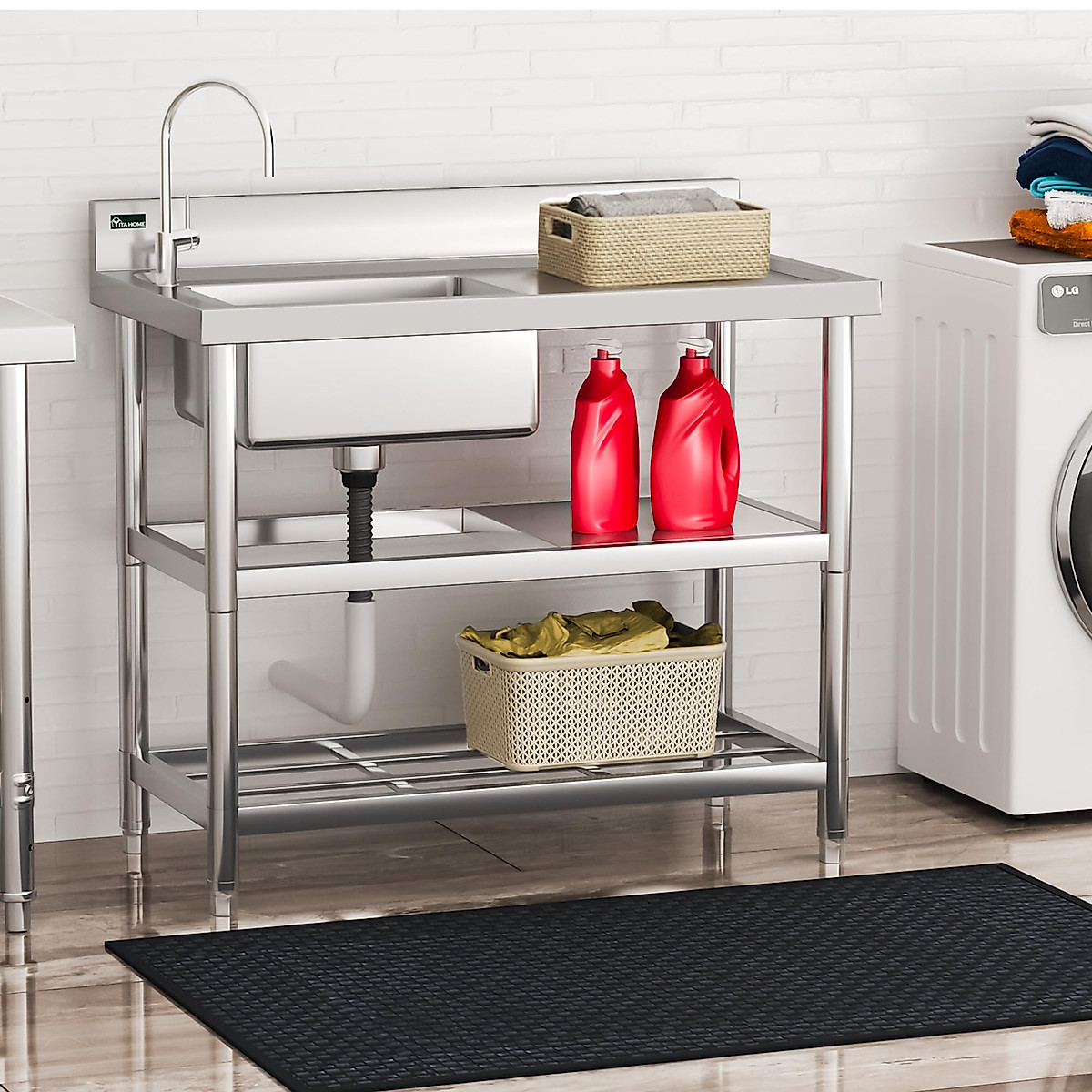 YITAHOME Kitchen Sink Stainless Steel Single Bowl Freestanding Commercial Sink with Drainboard for Restaurant, Utility Sink w/Workbench & Double Storage Shelves for outdoor 39" W x 20" D x 37" H