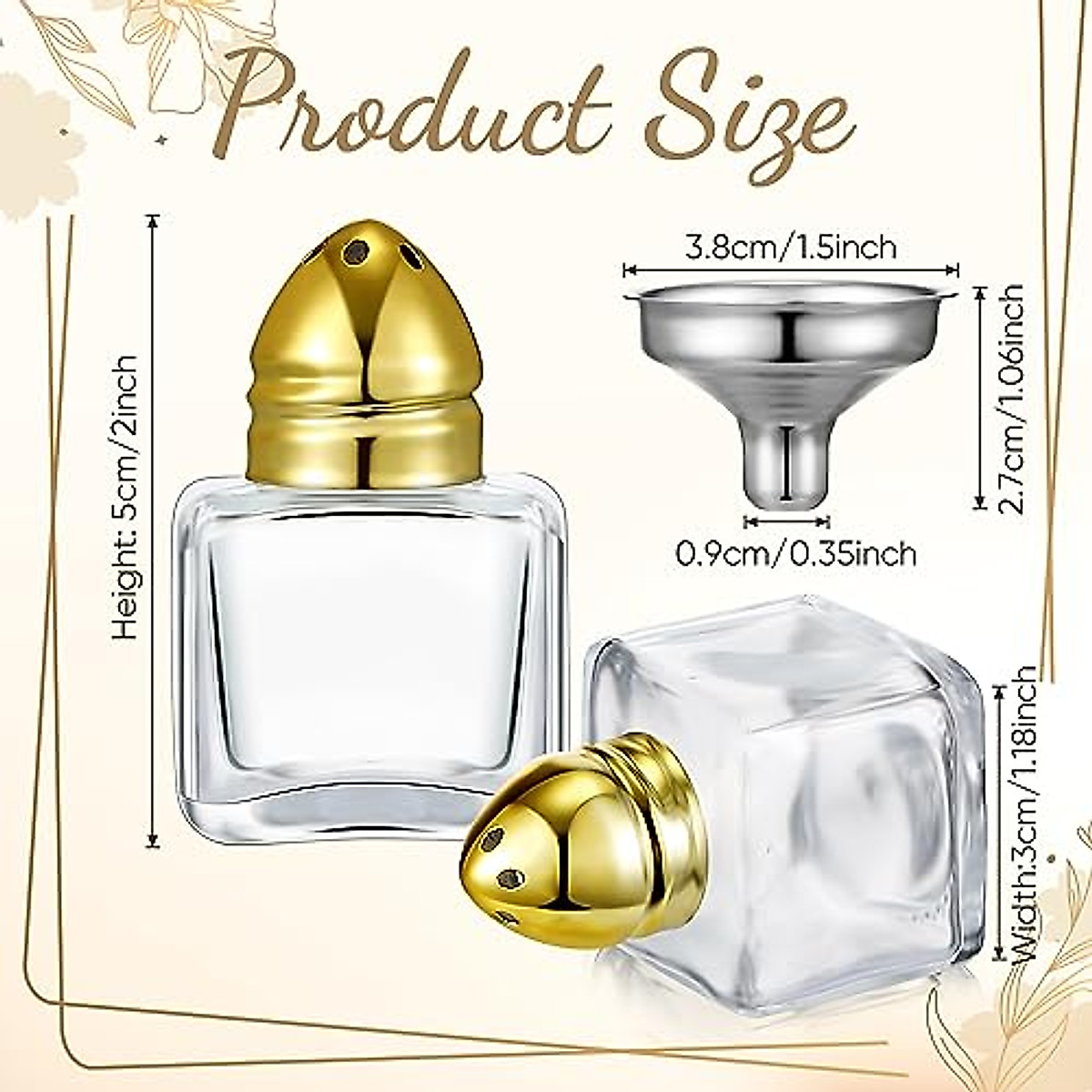 Uiifan 12 Pcs 0.5 oz Cube Shape Small Salt and Pepper Shakers with Gold Tone Tops Clear Mini Glass Seasoning Jars Spice Salt Shakers with Funnel for Gold Wedding Party Home Restaurant Kitchen Travel