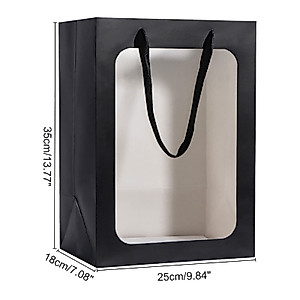 Sdootjewelry 10pcs Black Gift Bag with Transparent Window, 13.8''×7.1''×9.8'' Window Gift Bags with Handles, Flower Bags for Bouquets, Kraft Paper Gift Bags for Party Wedding Shopping Retail