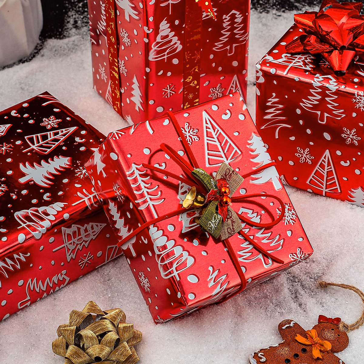 MAYPLUSS Christmas Red Wrapping Paper Roll - 17 Inch X 33 Feet - Luxury Metallic Shiny Red Christmas Tree and Snow Foil Roll Winter Holiday Gift Wrap Sheet for Party, DIY Crafts & Festive Decoration