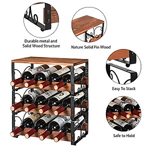 Countertop Wine Rack, 12 Bottle Wine Holder Stand for Table with Top Storage Shelf/Natural Solid Wood and Metal Structure, 3 Tier Stackable Wine Racks for Cabinet Home Kitchen Bar Hotel Restaurant