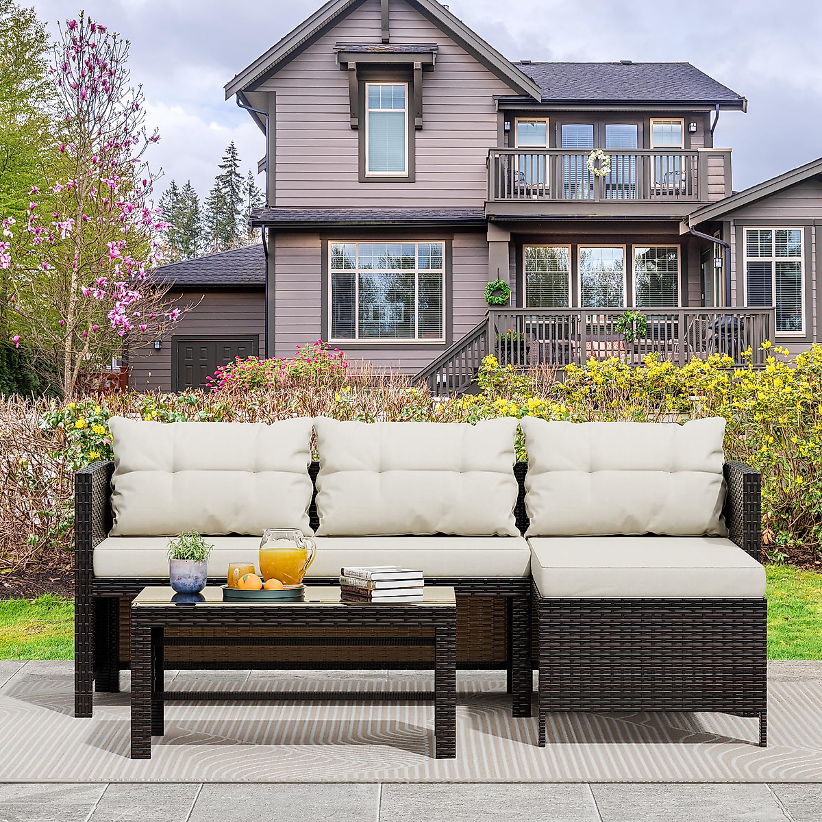 Meilocar Patio Furniture Set 3 Pieces, Outdoor Patio Sectional Sofa, Weaving Wicker Rattan All Weather Patio Seating Sofas with Cushion and Glass Coffee Table (Beige)