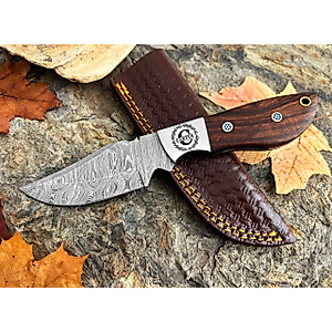 WINTERFELL Personalized Fixed Blade Damascus Hunting Knife with Sheath, Engraved Custom Gifts For Hunter, Customized Gift For Husband, Dad, Son, Unique Father's Day Gift (Brown)