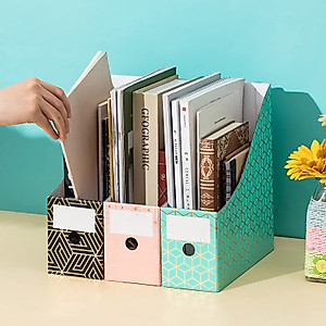 Sherr 12 Pieces Foldable Magazine File Holder with Label Holder Geometrical Accents Cardboard Magazine File Boxes with 24 Pcs Labels Classroom Magazine File Organizers for Office Mailrooms Storage