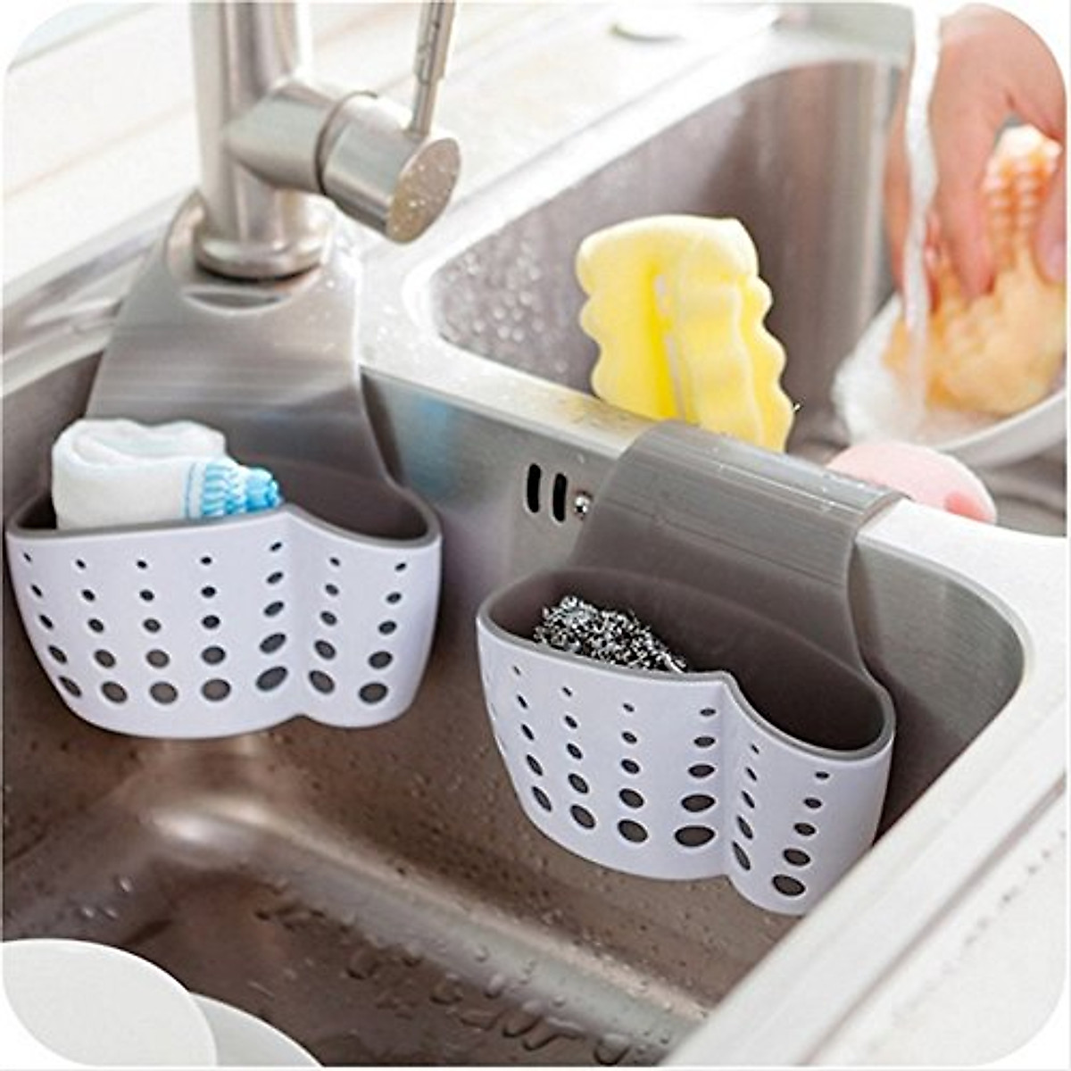Double Layer Sink Hanging Pouch Kitchen Drainer Organizer Storage Holders Bathroom Storage Shelf Soap Holders Racks Eco-friendly Storage Basket (1, Beige)