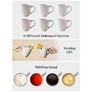 DOWAN Coffee Mugs Set of 6, 19 oz Large Mug, Ceramic Embossment Stoneware Tea Cups with Handle for Men Women, Handcrafted Mug Gift Set, Housewarming Wedding Gift