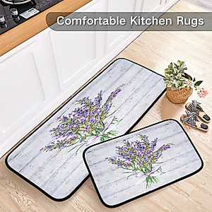 Washable Kitchen Rugs Set 2 Piece Vintage Provencal Lavender Flowers Anti Fatigue Floor Mats Bathroom Carpet, 27"x19" and 47"x19"