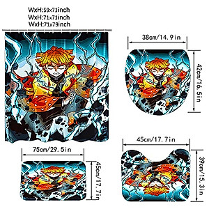 daweitianlong 4 Piece Anime Shower Curtain Set with Non-Slip Rug, Thickened Toilet Lid Cover and Bath Mat,Waterproof Anime Shower Curtain Sets for Bathroom With12 Hooks 71x71 inch, 10
