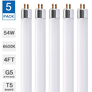 F54T5/865/HO Fluorescent Tube Light Bulb, 46 Inch, 54W, 6500K Daylight, 4200 Lumens, High Output, G5 Bi-Pin Base, 4FT T5 Grow Light Bulbs - 5 Pack