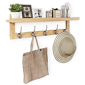 SMIBUY Coat Hooks with Shelf Wall-Mounted, 29.2 Inch Entryway Coat Rack for Wall, Bamboo Hanging Shelf with 5 Double Metal Hooks for Bathroom, Bedroom, Kitchen, Living Room, Mudroom (Natural)
