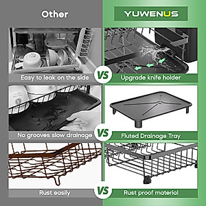 YUWENUS Dish Drying Rack, Space-Saving Dish Rack for Kitchen Counter, Anti-Rusty Stainless Steel Dish Drainer with Utensil Holder, escurridor de platos for Kitchen (Black)