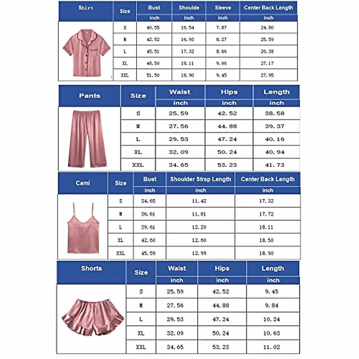 SWOMOG Womens 4 Piece Satin Pajamas Silk Short Sleeve Pj Sets Long Bottoms V Neck Cami Ruffle Shorts Pajama Pants Bridal Pjs Misty Rose