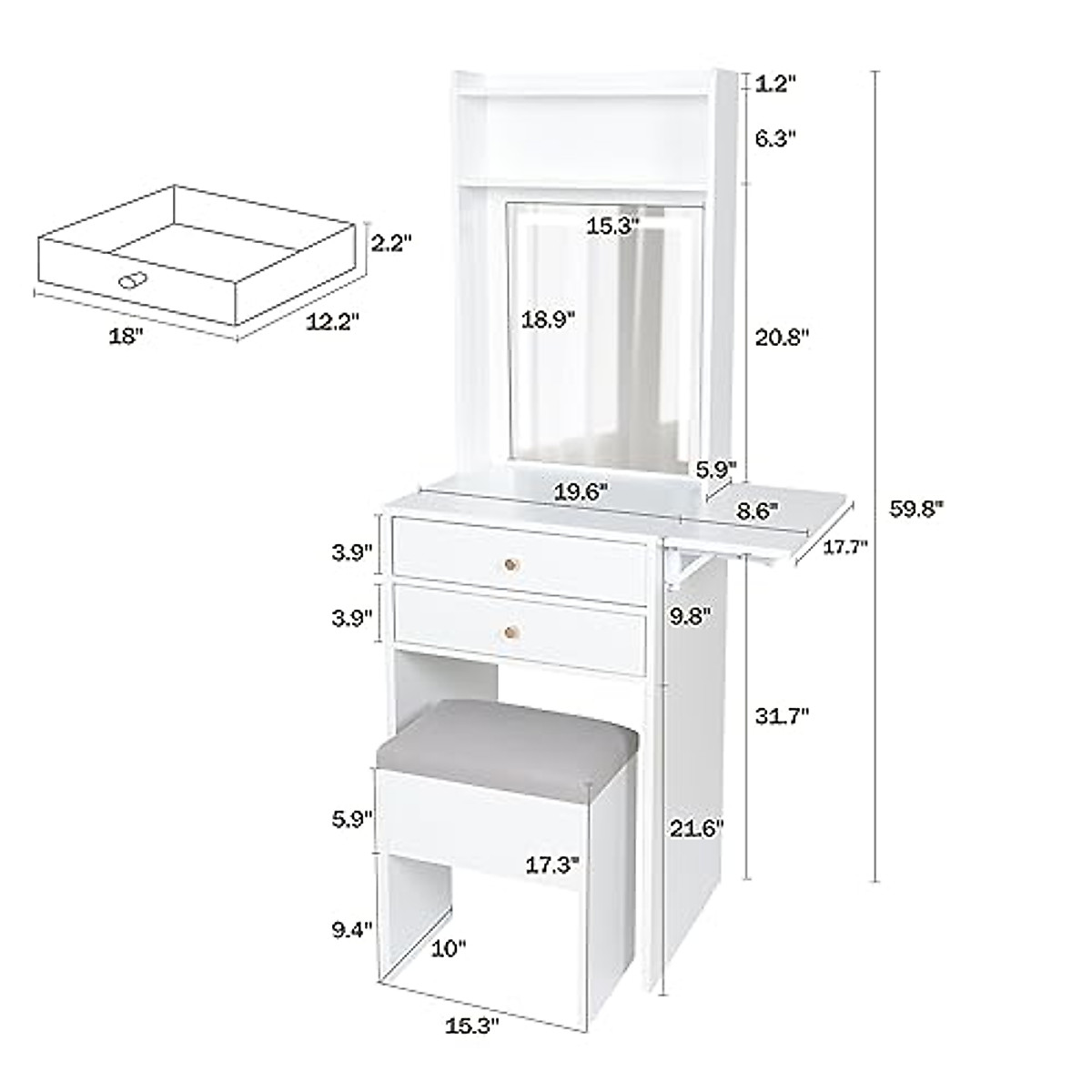 ARTETHYS Small Vanity Desk Set with 3 Adjustable Lighted Mirror and Storage Chair, Makeup Vanity Table for Small Space, White Dressing Table with Fold-up Panel for Bedroom