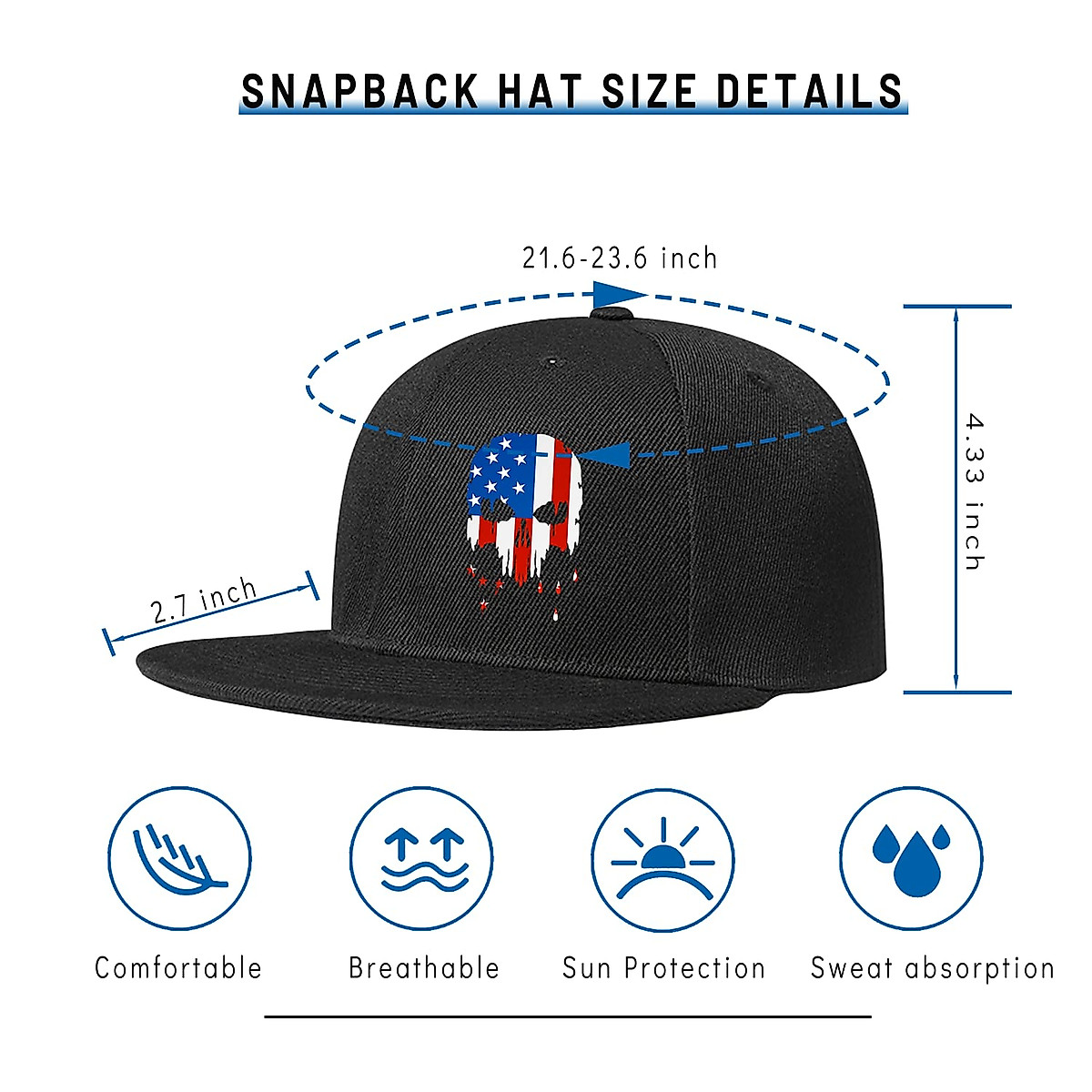 USA America Flag Horror Skull Hat Fashion Reaper Grim Snapback Hats for Men Flat Bill Brim Snap Backpack Trucker Hats Adjustable Men's Horror Baseball Caps