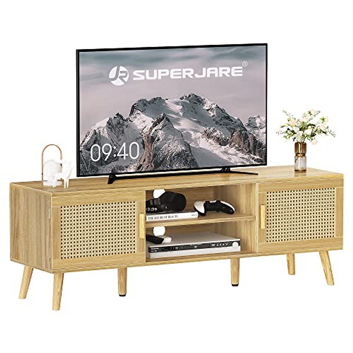 SUPERJARE Boho TV Stand for 55 Inch TV, Entertainment Center with Adjustable Shelf, Rattan TV Console with 2 Cabinets, Media Console, Solid Wood Feet, 4 Cord Holes, for Living Room - Natural