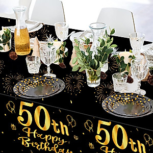 PHOGARY 50th Birthday Party Decorations Tablecloth, 3 Pack Happy Birthday Table Cover for Women Men, Bday Anniversary Theme Party Supplies Black and Gold Rectangular Tablecloths 54 × 108 in