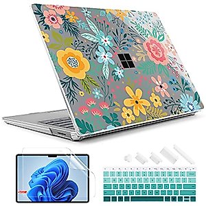 TWOLSKOO Case for 13.5" Microsoft Surface Laptop 5/4/3 with Metal Palm Rest Model 1951/1868, Plastic Hard Shell Case with Screen Protector + Keyboard Cover + Dust Plug, Abstract Flower