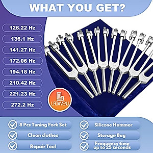 Lrowvenu Chakra Tuning Forks Set, 7 Chakra and 1 Soul Purpose Weighted Tuning Forks for Cosmic Octave, Aluminum Alloy, Sound Healing Instruments, Silver by Lrowvenu