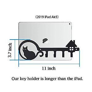 UptoBillions Decorative Wall Mounted Iron Key Holder for Wall, 11 inch with 4 Key Hooks Organizer for car or House Keys, Key Rack with Screws and Anchors (Cat and Home, Black)