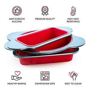 Boxiki Kitchen Silicone Baking Pans Set. 3 PCS Professional Silicone Non-Stick Baking Cake Pans Set includes Silicone Round Cake Pan, Square Cake Pan and Bread Loaf Pan.