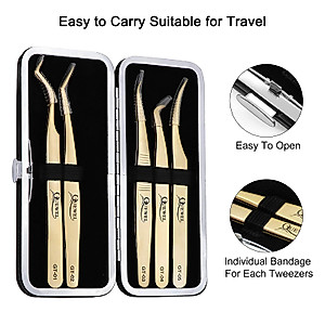 Volume Eyelash Extensions Tweezers Set 5 PCS,Stainless Steel Lash Tweezers Curved Precision Tweezers Application