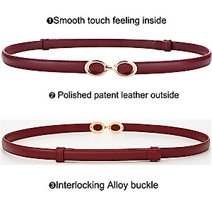 ALAIX Women's Leather Skinny Belt for Dress Adjustable Thin Waist Belt for Lady Waistband with Golden Buckle Winered