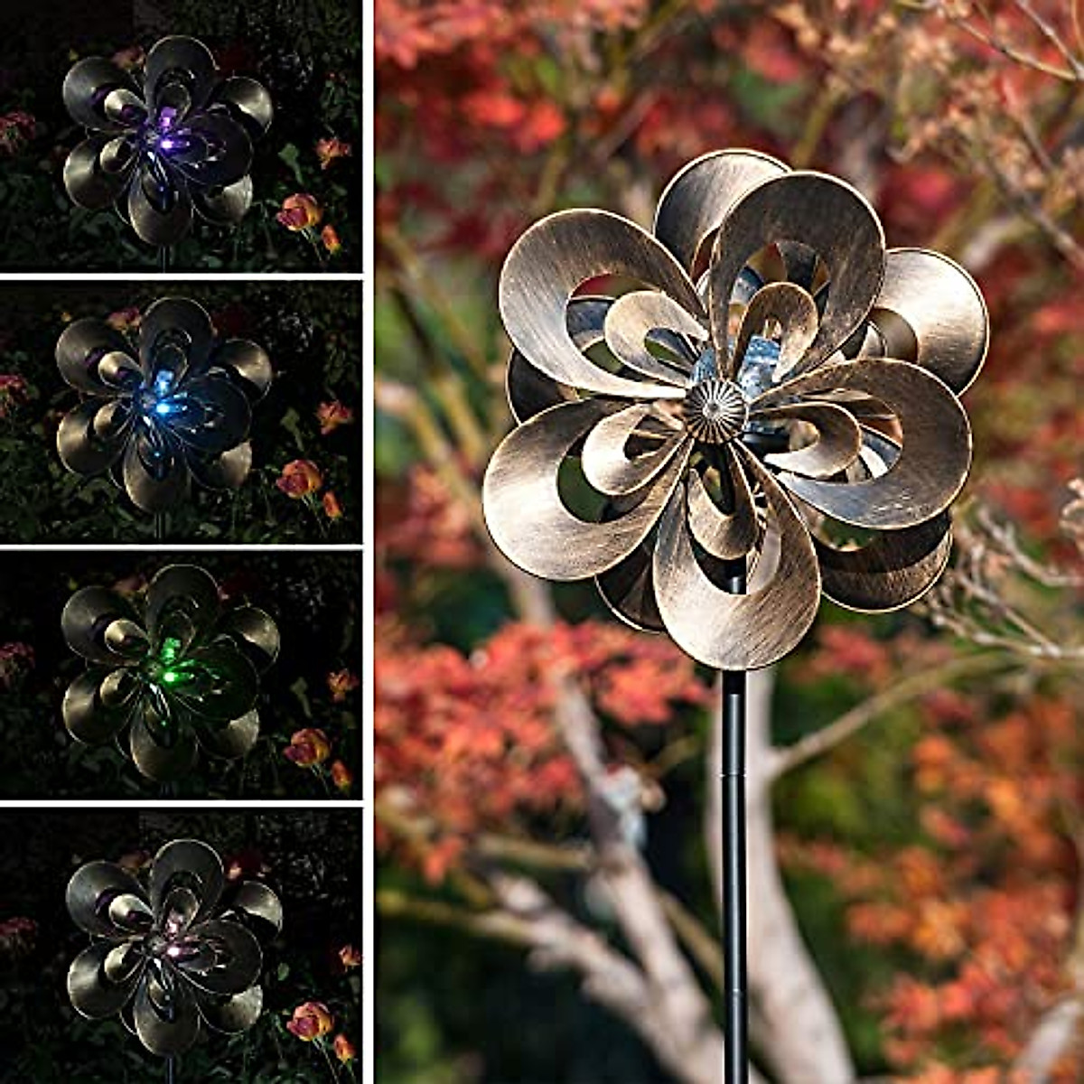 Solar Wind Spinner Magnolia Multi-Color Seasonal LED Lighting Solar Powered Glass Ball with Kinetic Wind Spinner Dual Direction for Patio Lawn & Garden