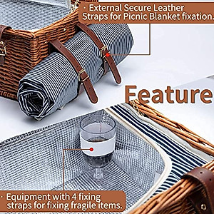 Picnic Baskets for 4 Persons Retro Classic Willow Hamper Set with Waterproof Blanket for Camping &Outdoor Party (Retro Style)